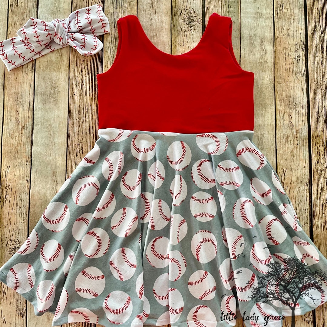 Baseball Twirly Dress- Baseball and Laces Print Red Gray Softball ...