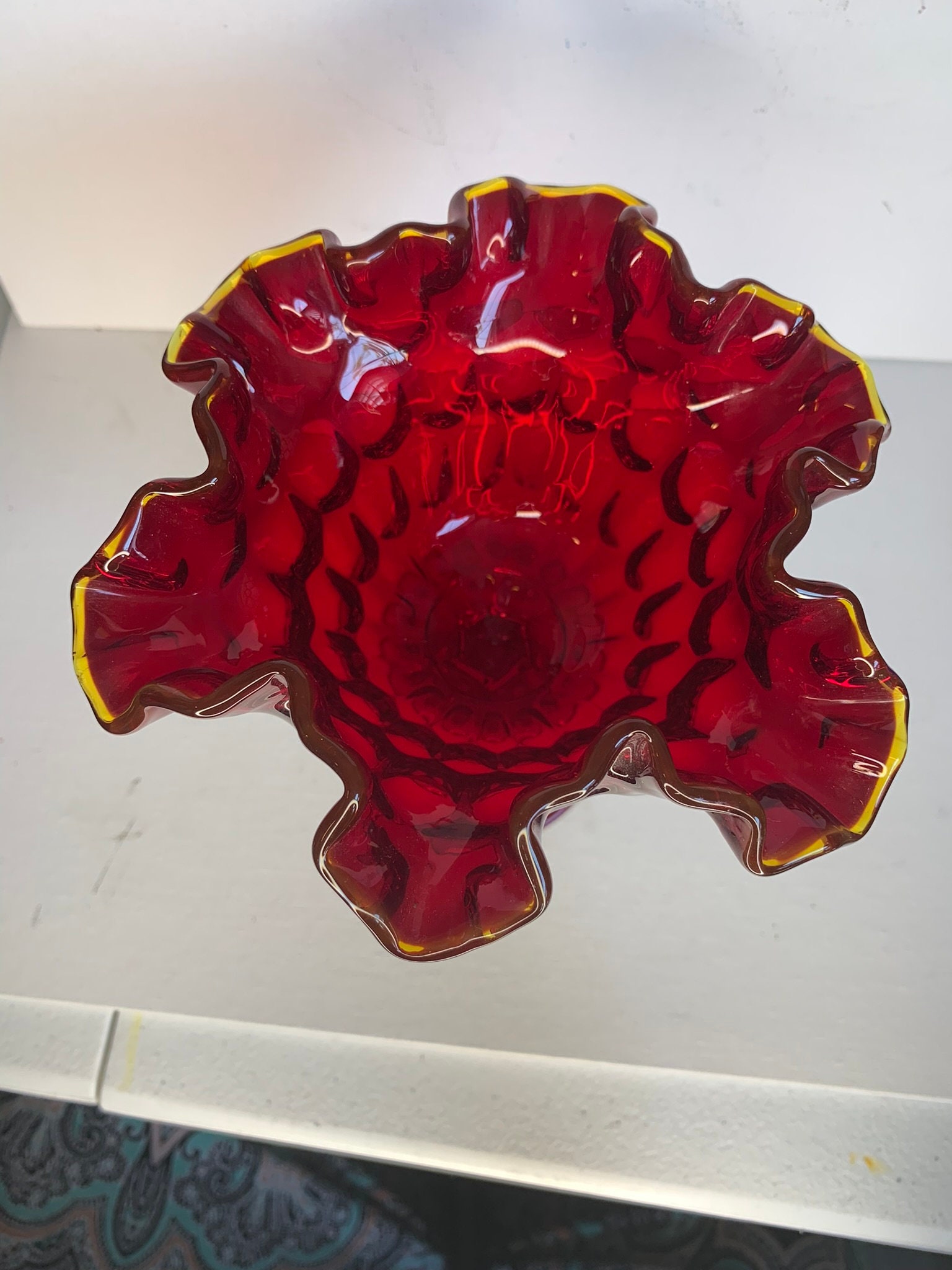 Fenton Ruby Red Ruffled Peach Crest Compote Candy Dish, Thumbprint ...