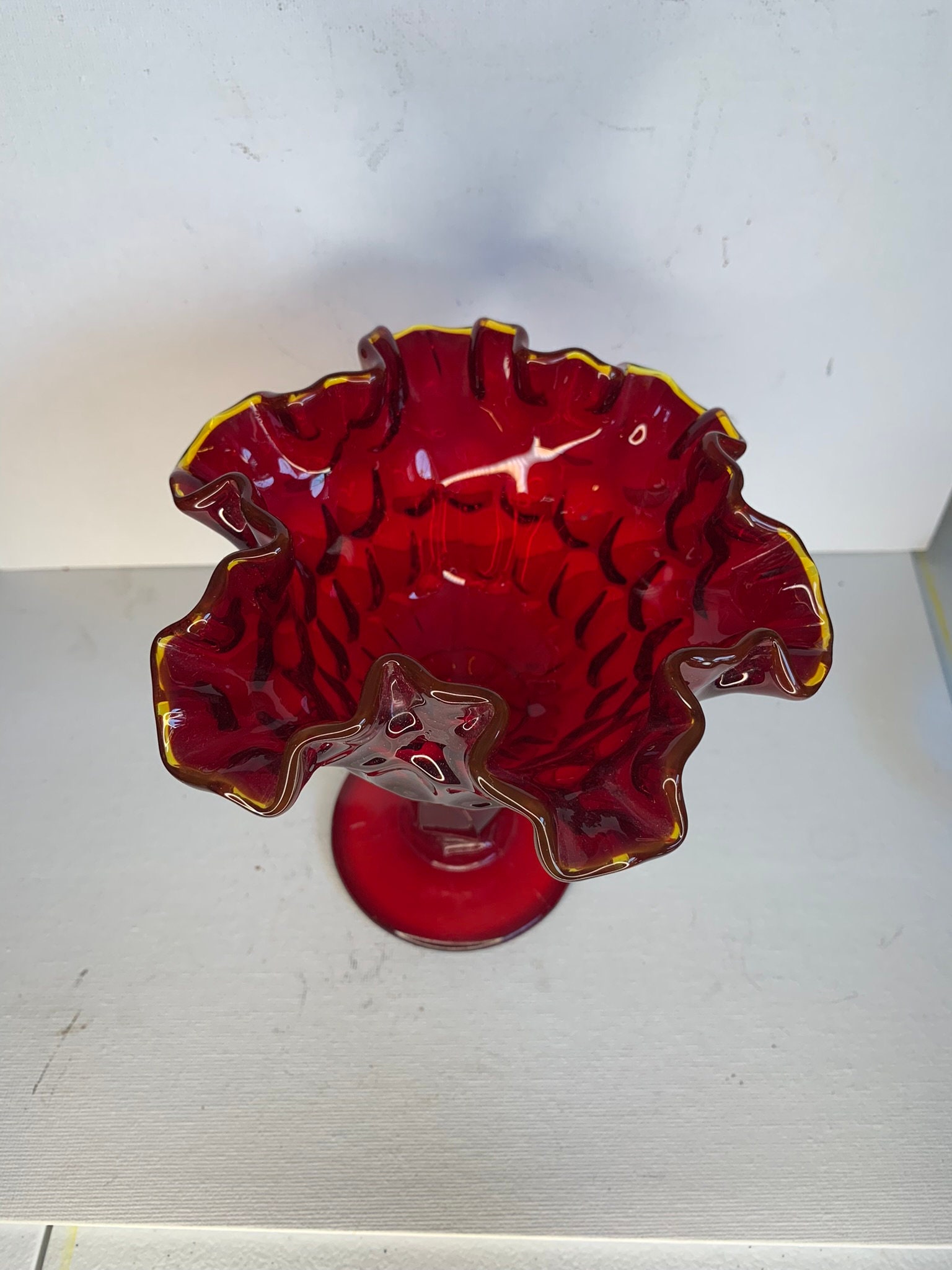 Fenton Ruby Red Ruffled Peach Crest Compote Candy Dish, Thumbprint ...