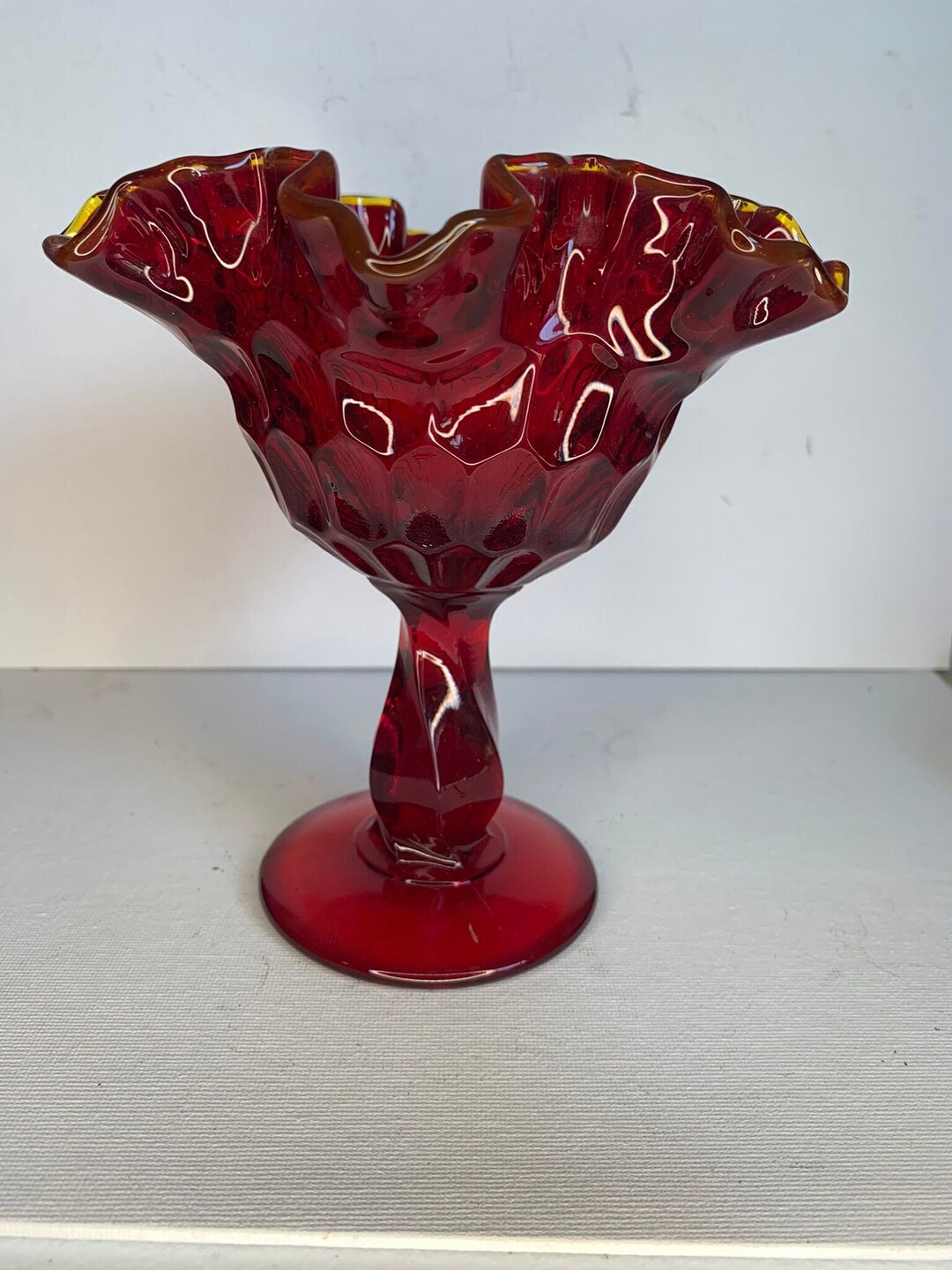 Fenton Ruby Red Ruffled Peach Crest Compote Candy Dish, Thumbprint ...