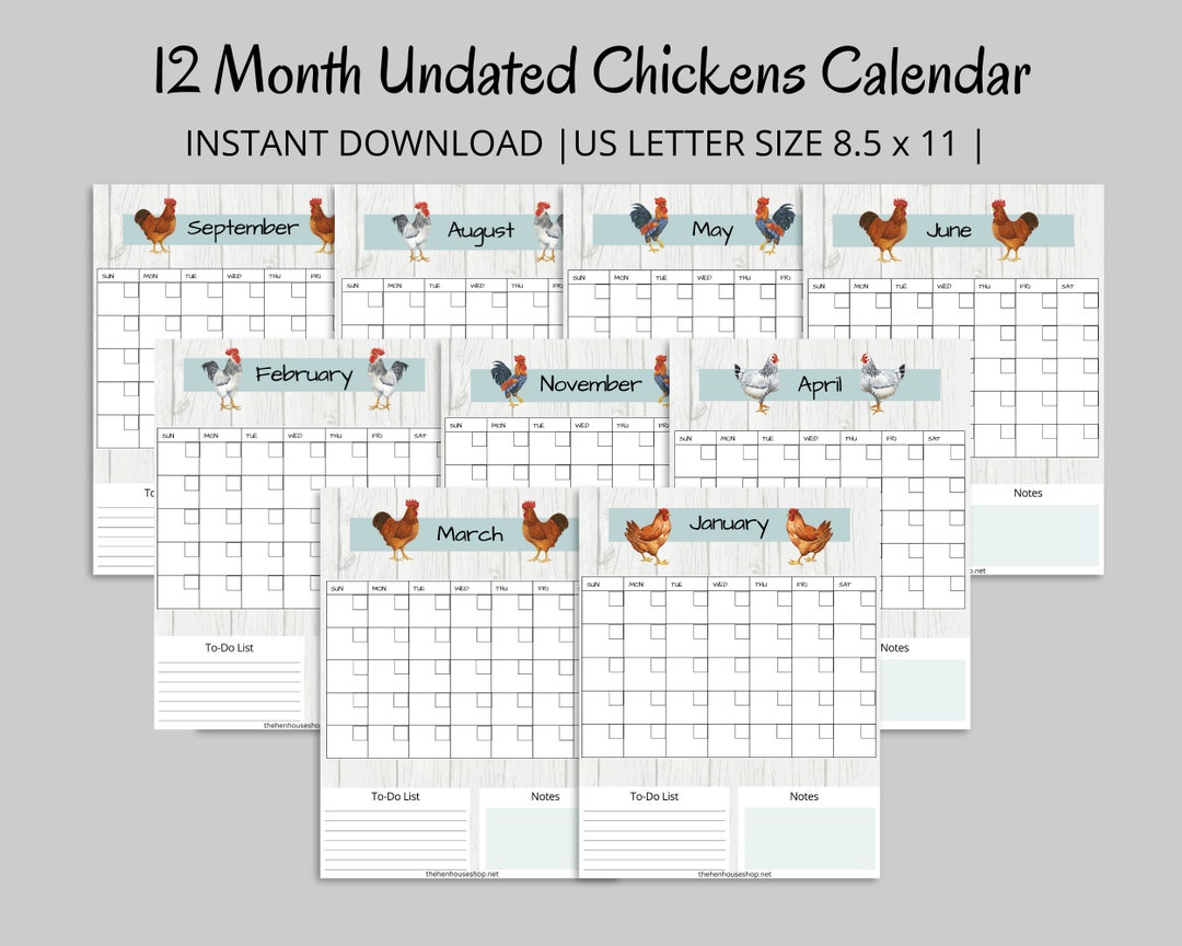Printable Chickens Calendar - Undated - 12 Pages - Farm Life Planner ...
