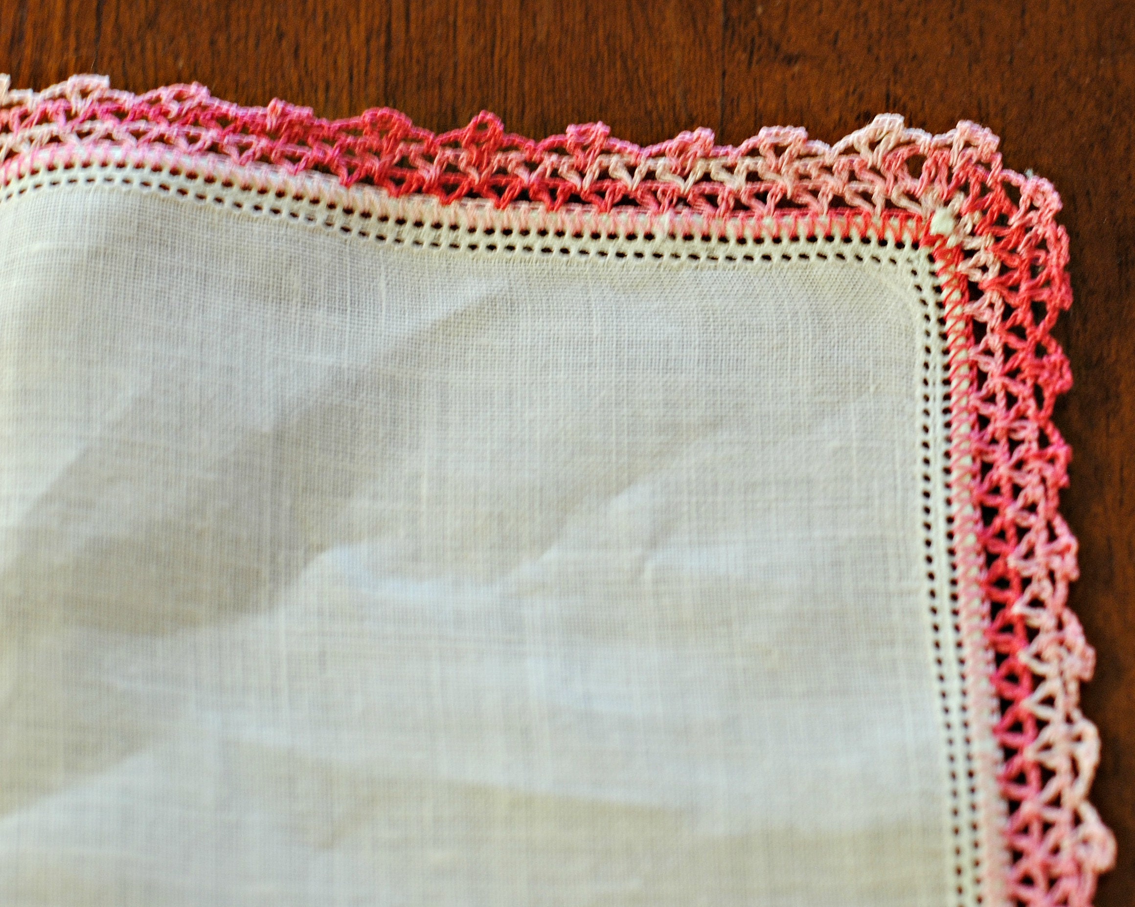 Linen Handkerchief Vintage White Linen With Pink Crochet Trim - Etsy