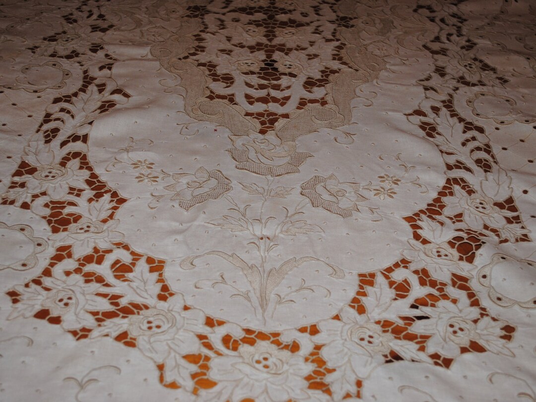 MADEIRA Tablecloth, Cut Work Linen Tablecloth, 1920's Hand Embroidered ...
