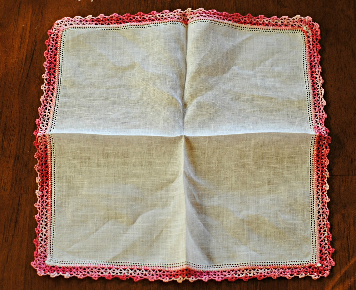 Linen Handkerchief Vintage White Linen With Pink Crochet Trim | Etsy