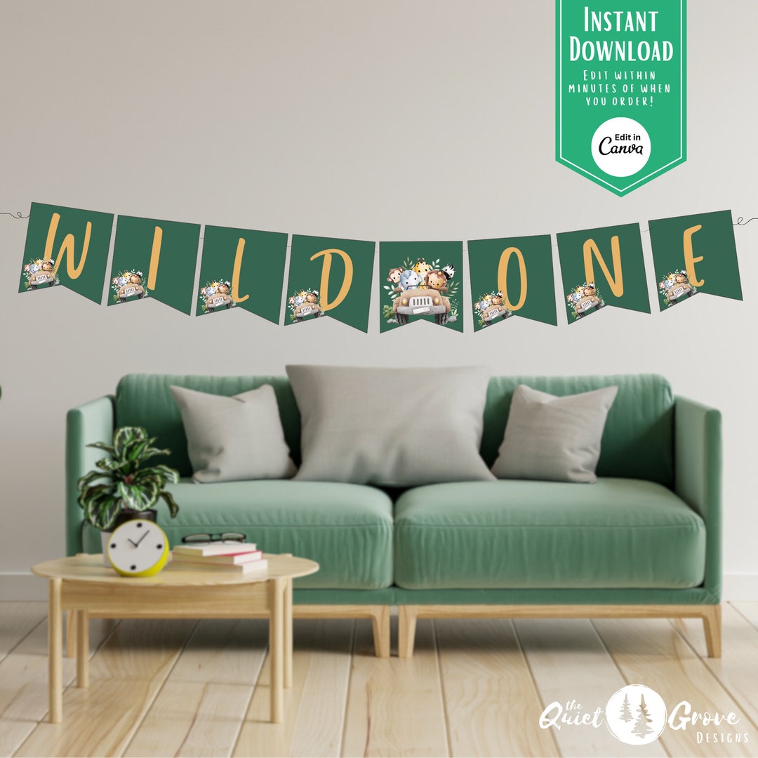 Editable, Wild One Birthday Banner, 1st Birthday Animal Safari Themed ...