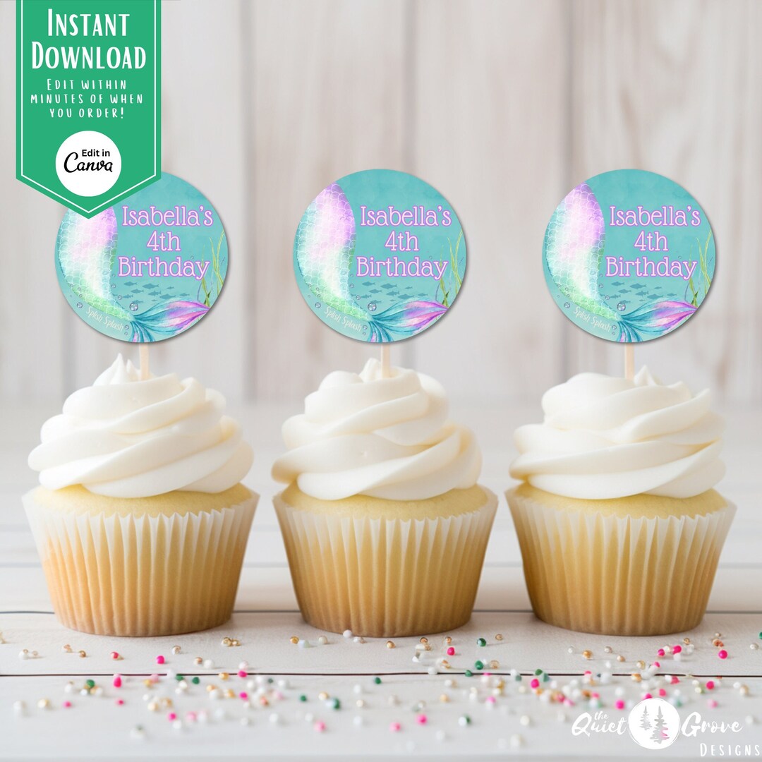 Editable, Mermaid Girl's Birthday Cupcake Toppers, Mermaid Birthday ...