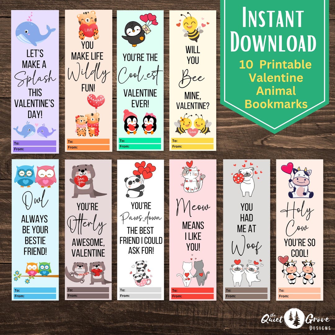 Printable Animal-themed Valentine Bookmarks for Kids – Instant Download ...