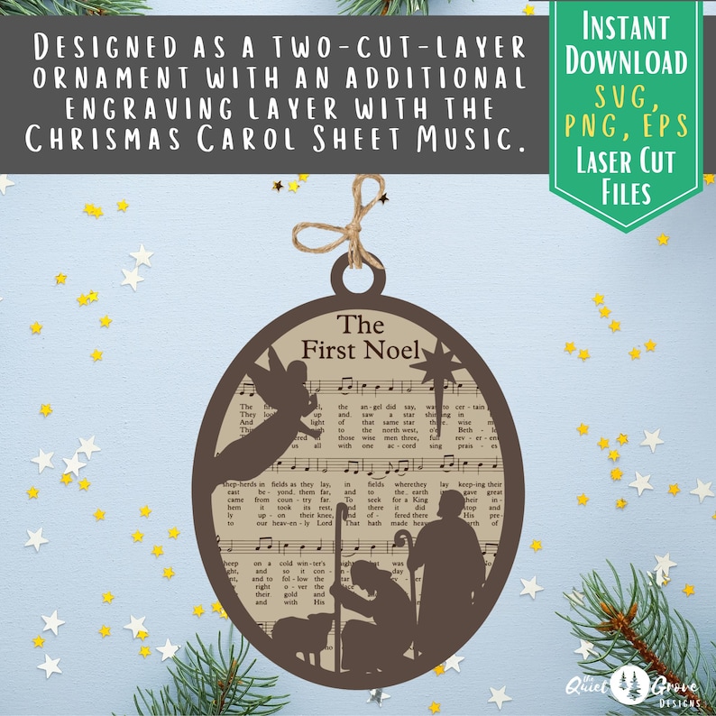 The First Noel Ornament Laser Cut File, Layered Ornament SVG, Music ...