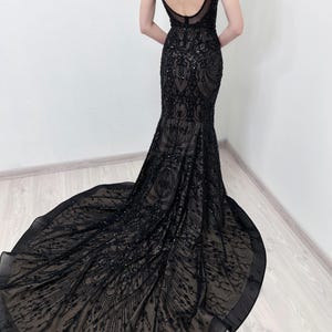 Black and Beige Gothic Beaded Gown With Open Back, Mermaid Trumpet ...