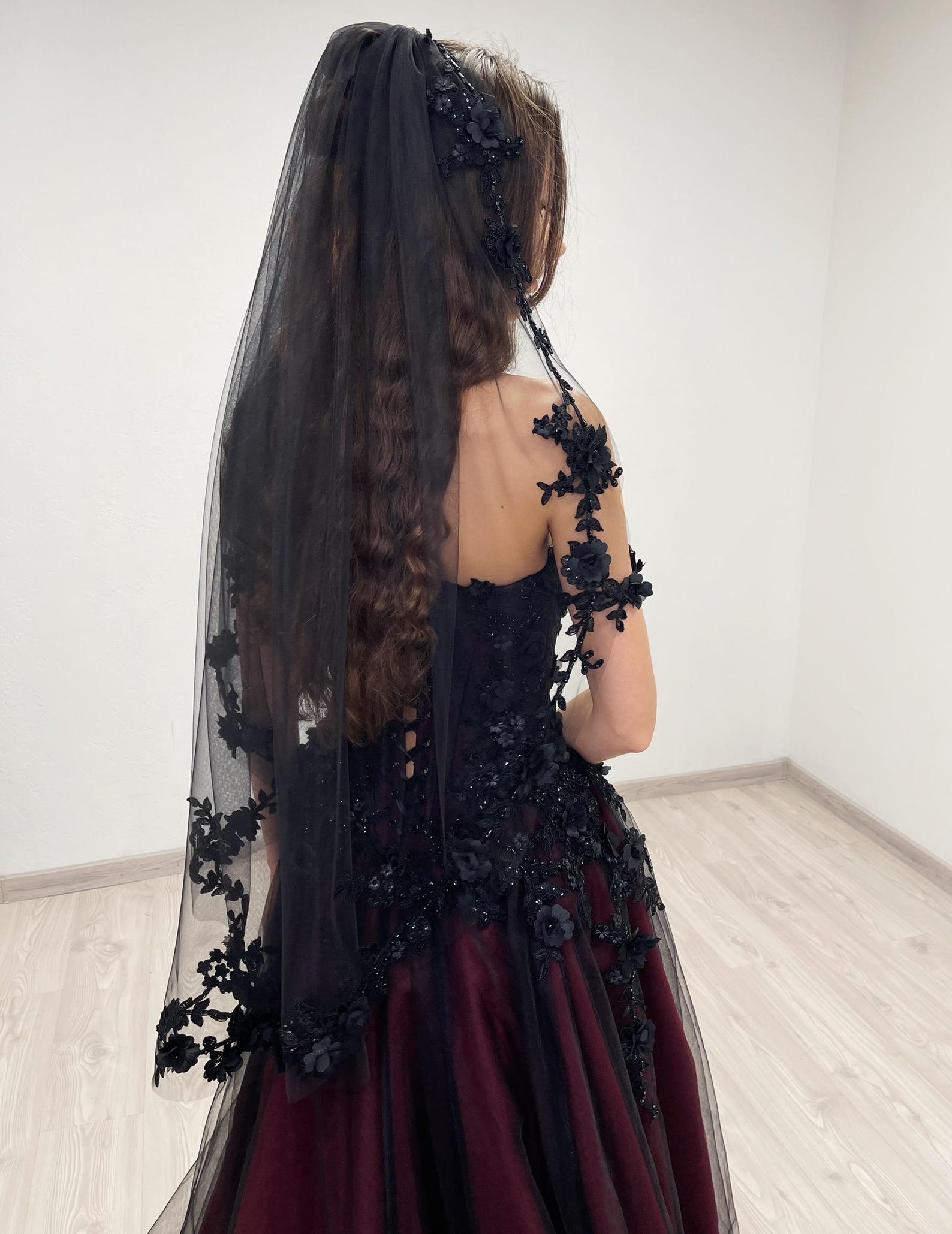 Black and Red Gothic 3D Floral Lace Corset Wedding Dress With Basque ...