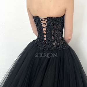 Black Beaded Sheer Drop Waist Corset Wedding Dress, Alternative Bride ...