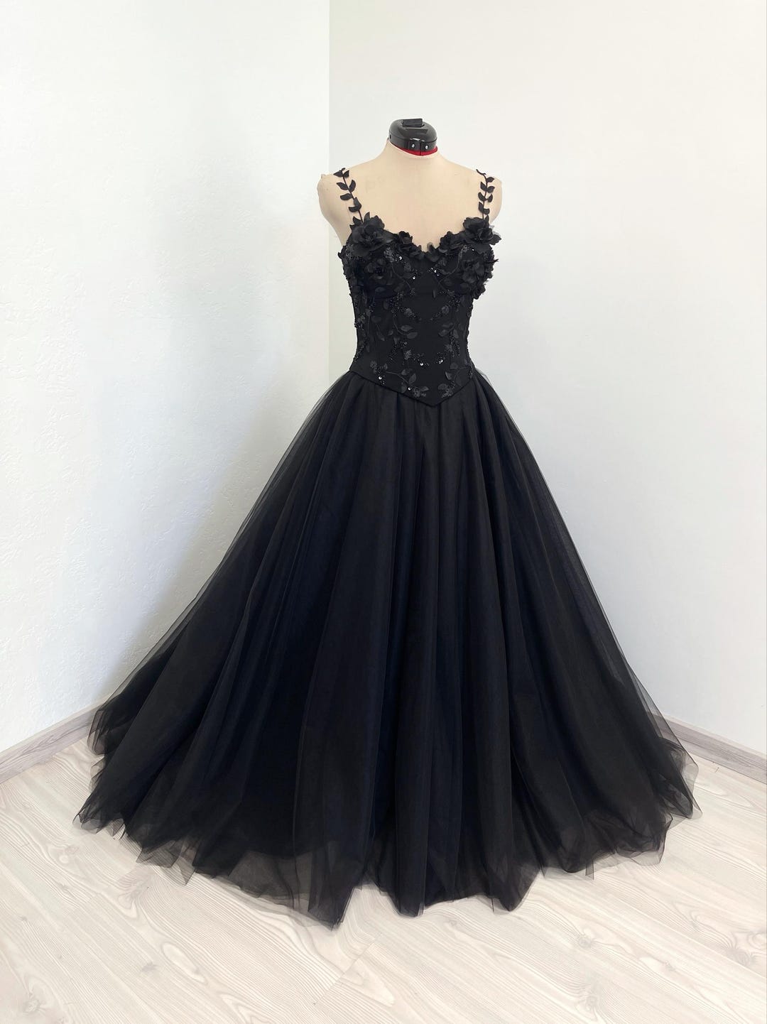 Black Gothic Sparkly 3D Floral Lace Basque Corset Wedding Dress ...