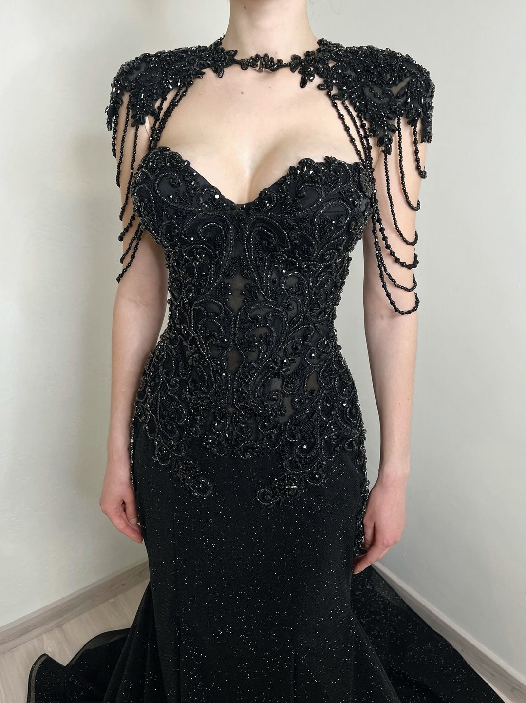 Black Crystal Beaded Cape - Etsy