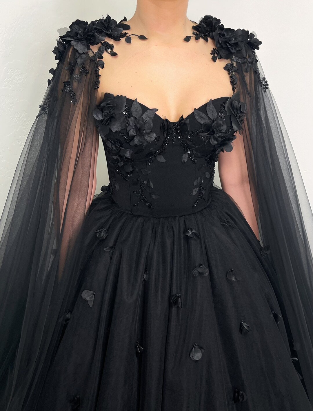 Black Gothic Floral Fantasy 3D Lace Tulle Corset Gown and Cape ...