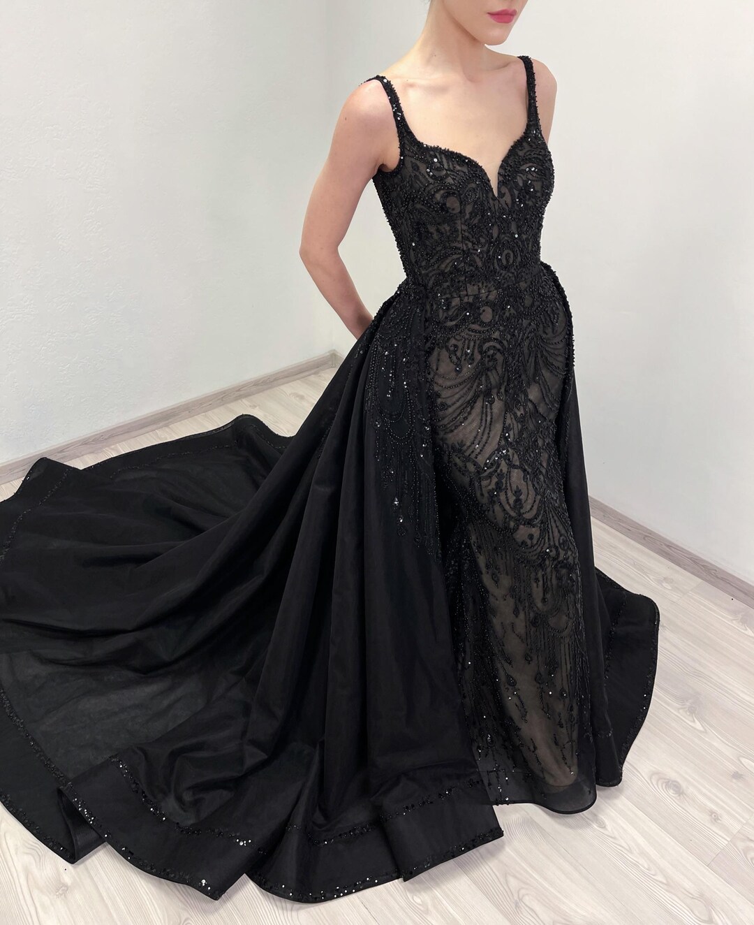 Black and Beige Gothic Beaded Gown With Open Back, Mermaid Trumpet ...