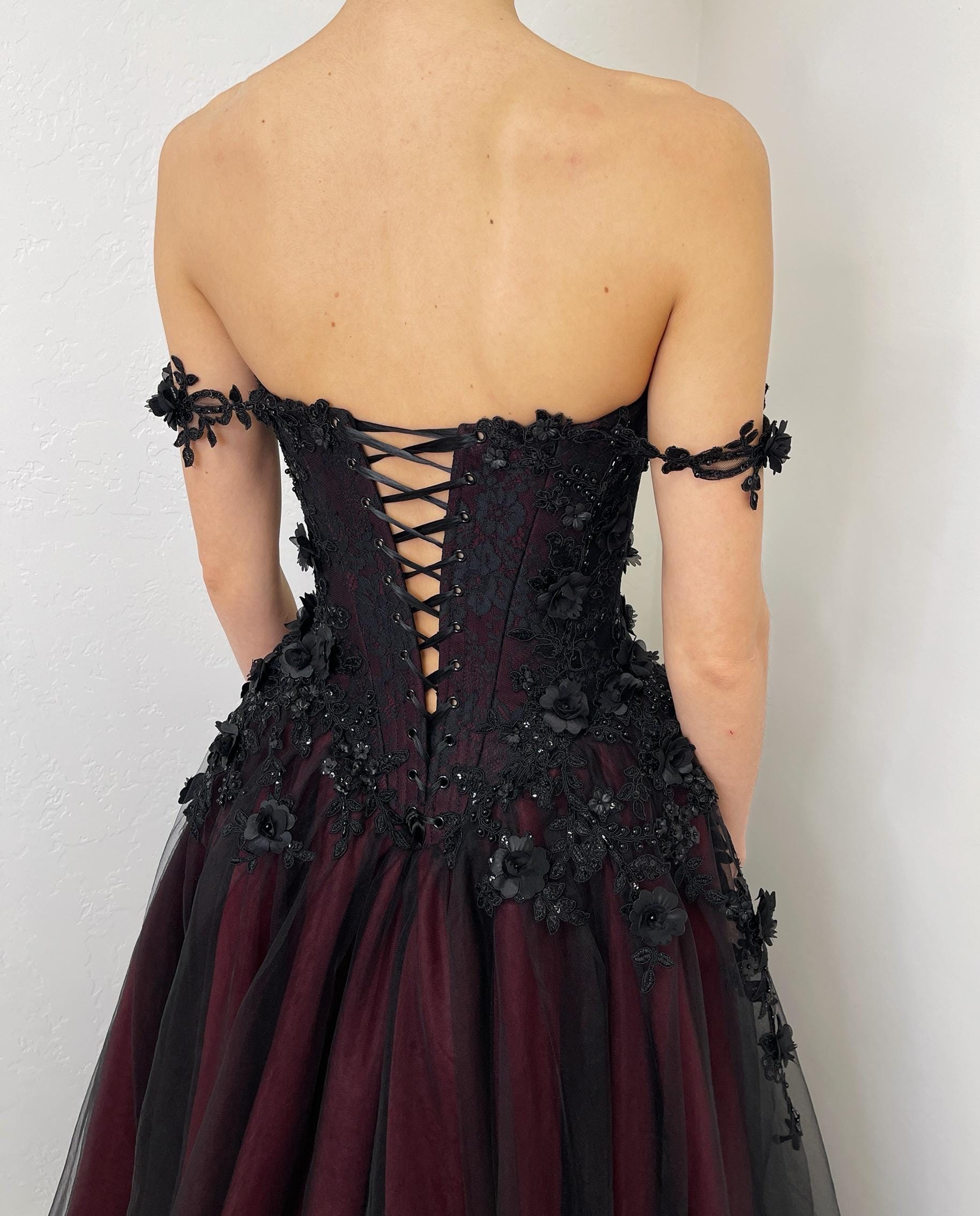 Black and Red Gothic 3D Floral Lace Corset Wedding Dress With Basque ...