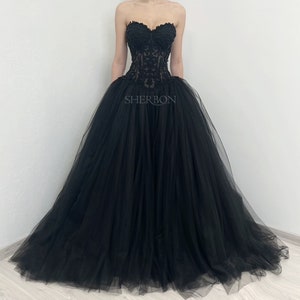 Black Beaded Sheer Drop Waist Corset Wedding Dress, Alternative Bride ...