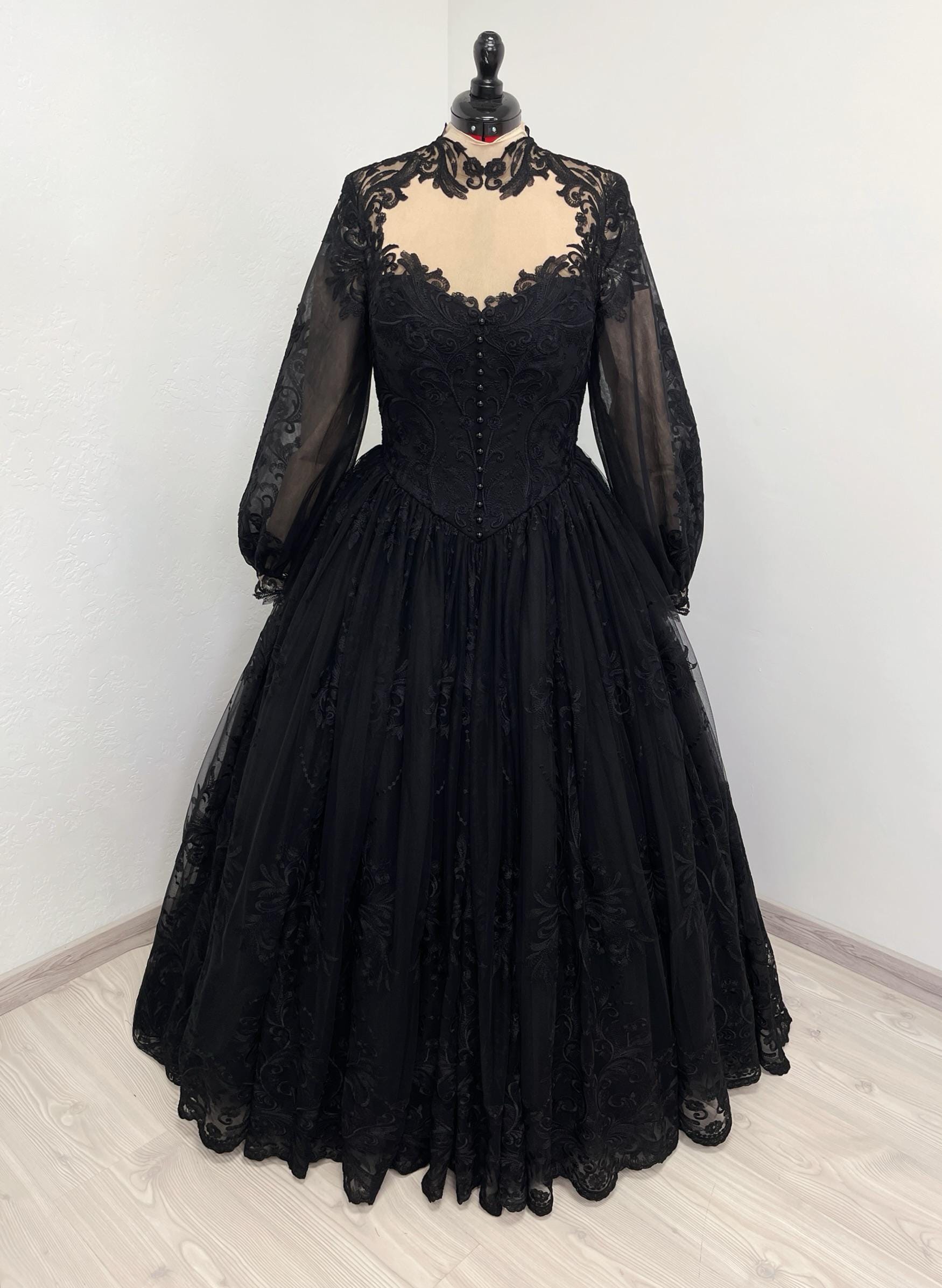 Black Basque Waist Gothic Wedding Dress, Vintage Style Lace Dress ...