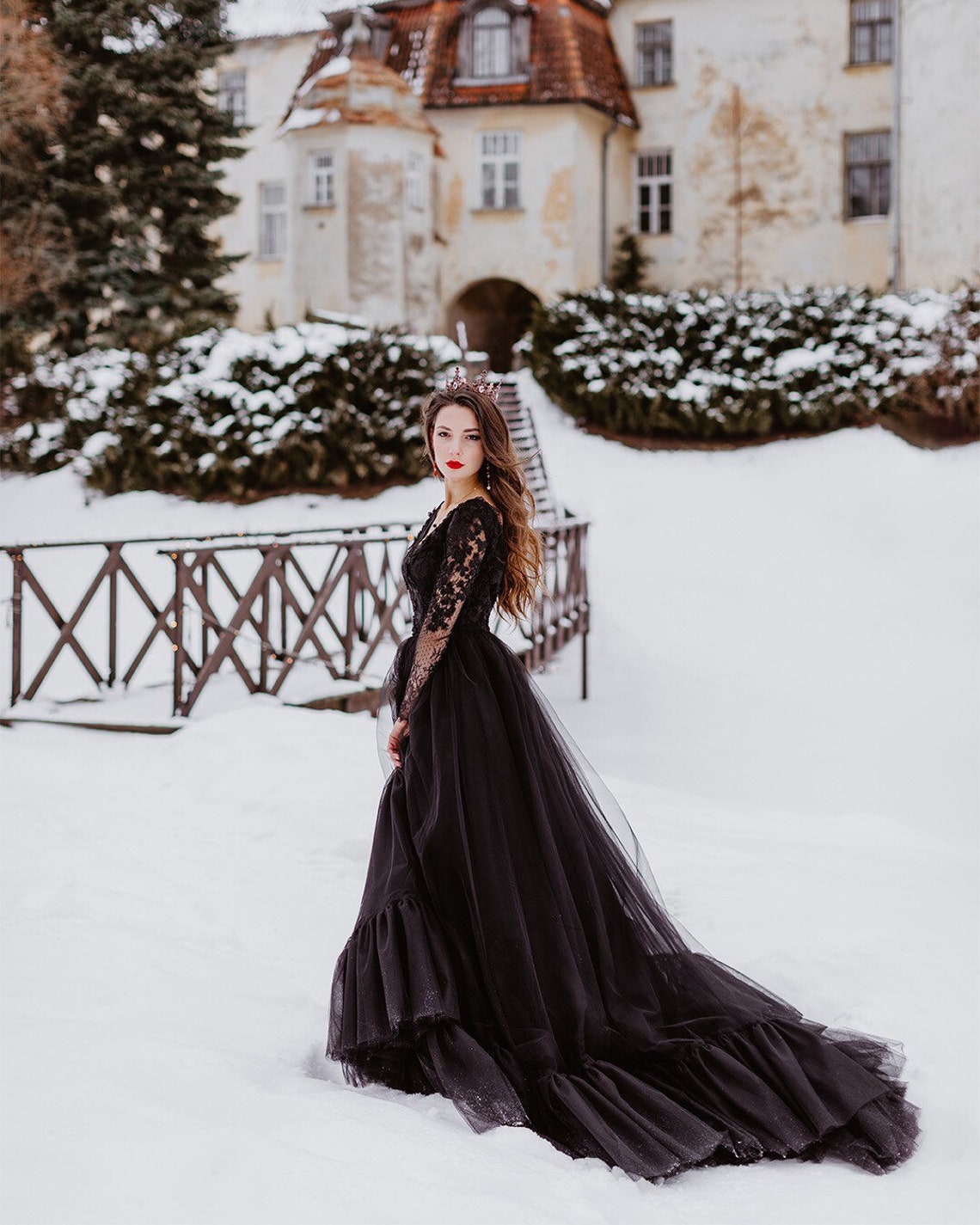 Black Gothic Open Back 3d Floral Lace Tulle Train Wedding - Etsy