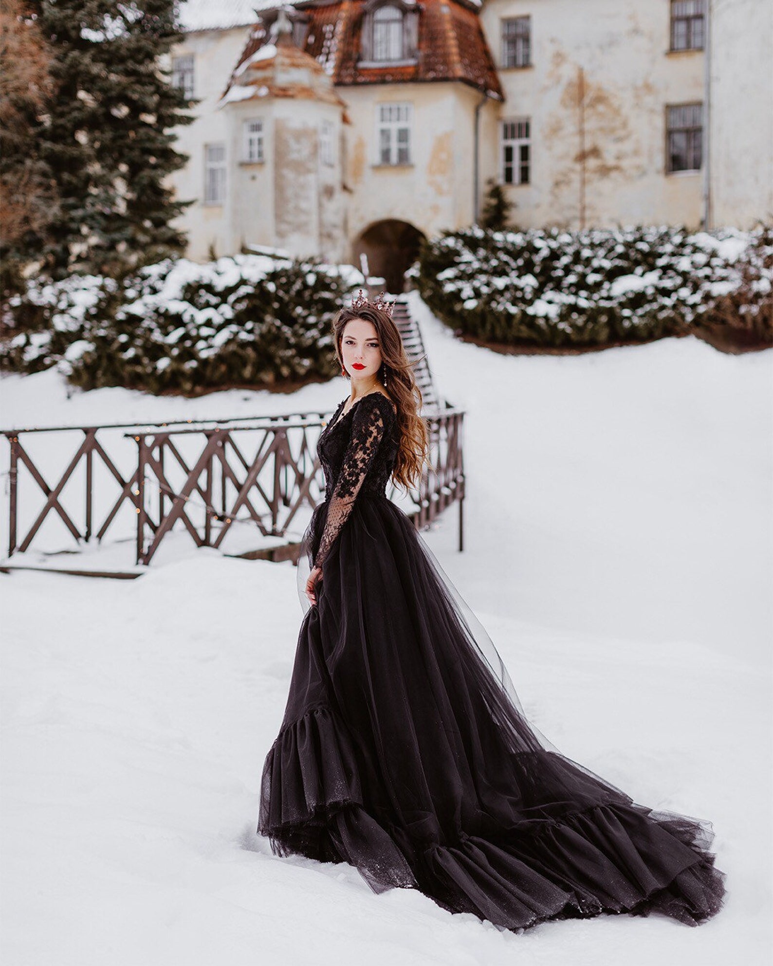 Black Gothic Open Back 3d Floral Lace Tulle Train Wedding | Etsy