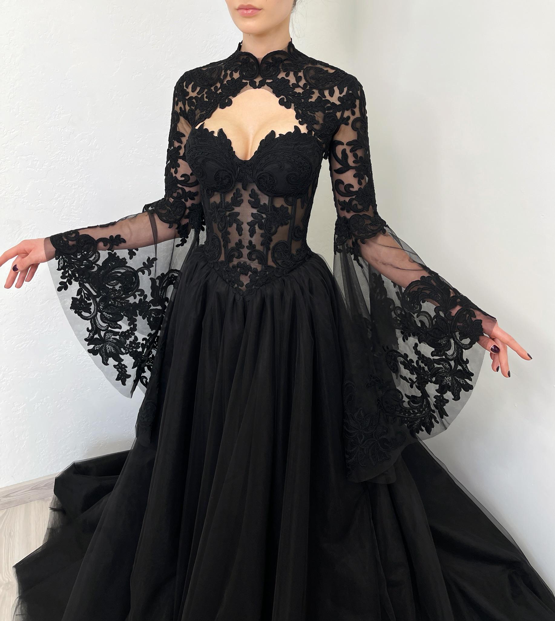 Black Gothic Sheer Basque Waist Corset Tulle Wedding Dress With Keyhole ...