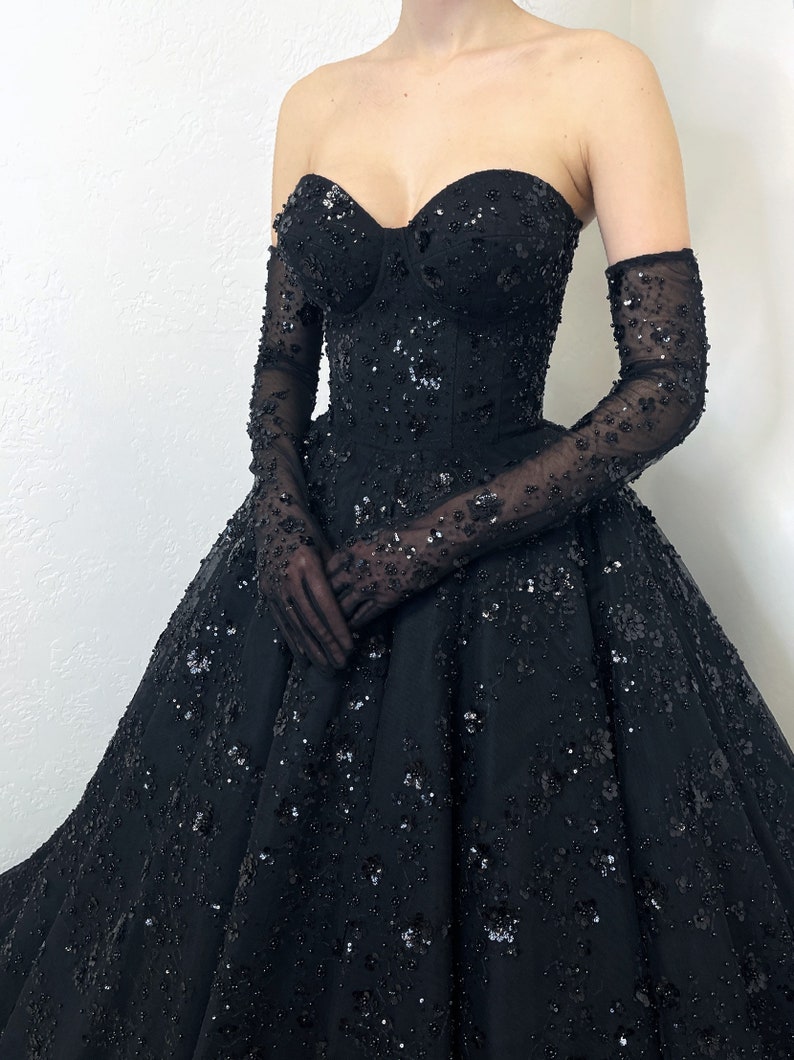 Black Gothic Shiny Corset Wedding Dress With a Train and Gloves ...