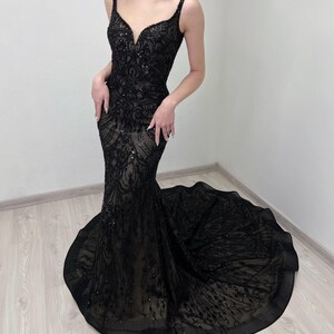 Black and Beige Gothic Beaded Gown With Open Back, Mermaid Trumpet ...