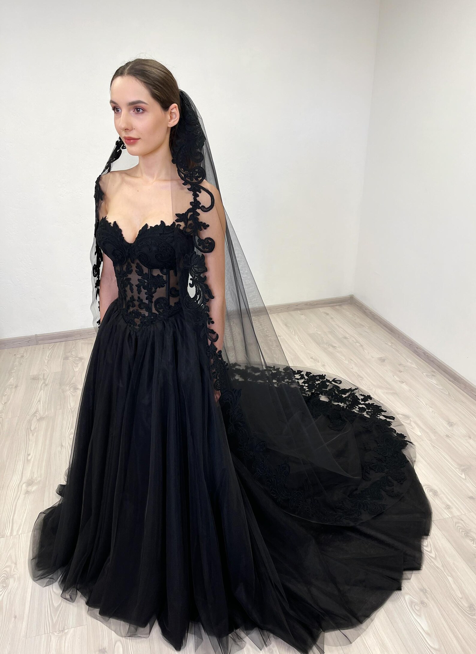 Black Gothic Sheer Basque Waist Corset Tulle Wedding Dress ...