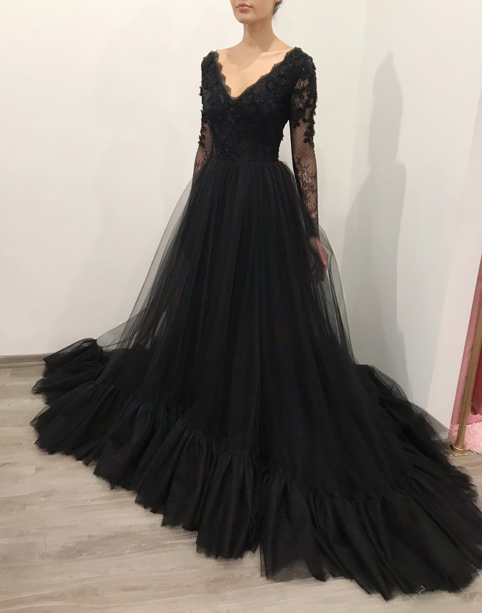 Black Gothic Open Back 3d Floral Lace Tulle Train Wedding | Etsy