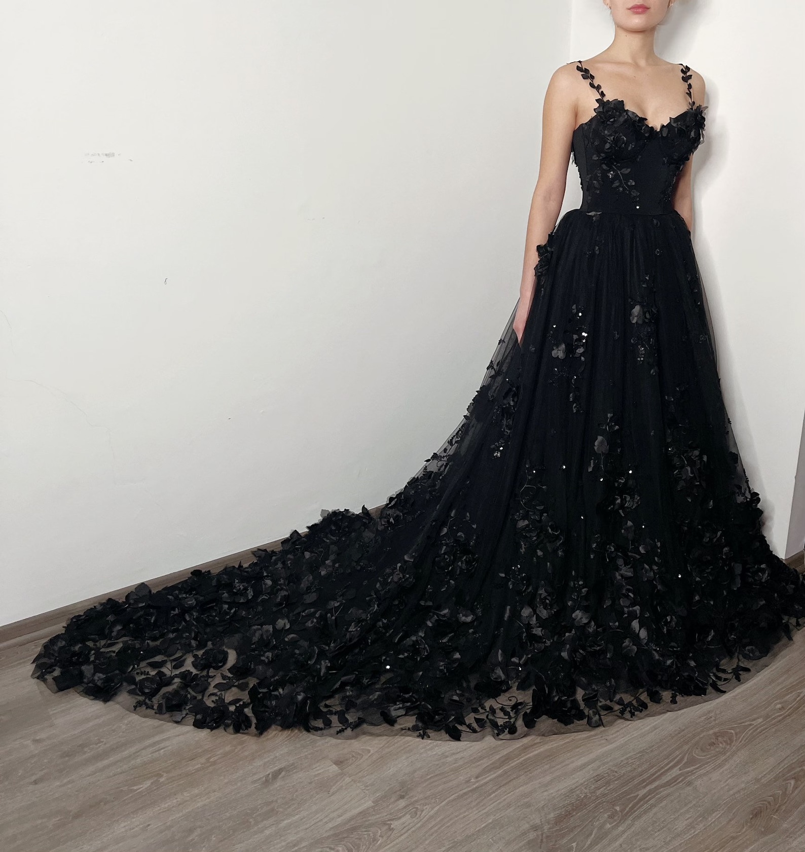 Black Gothic Sparkly 3D Floral Lace Corset Wedding Dress, Alternative ...