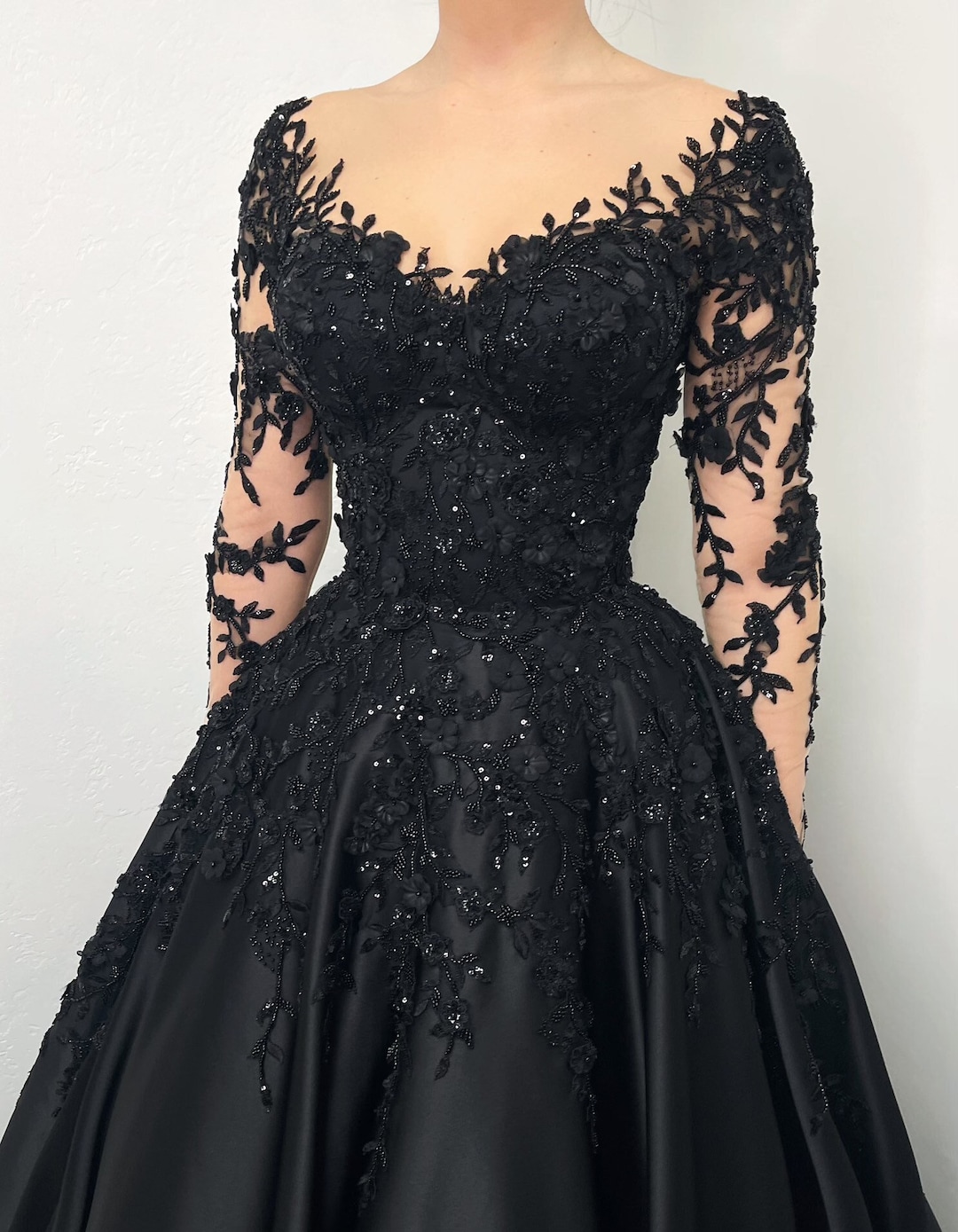 Black Gothic Satin Corset Floral Beaded Lace Wedding Dress, Alternative ...