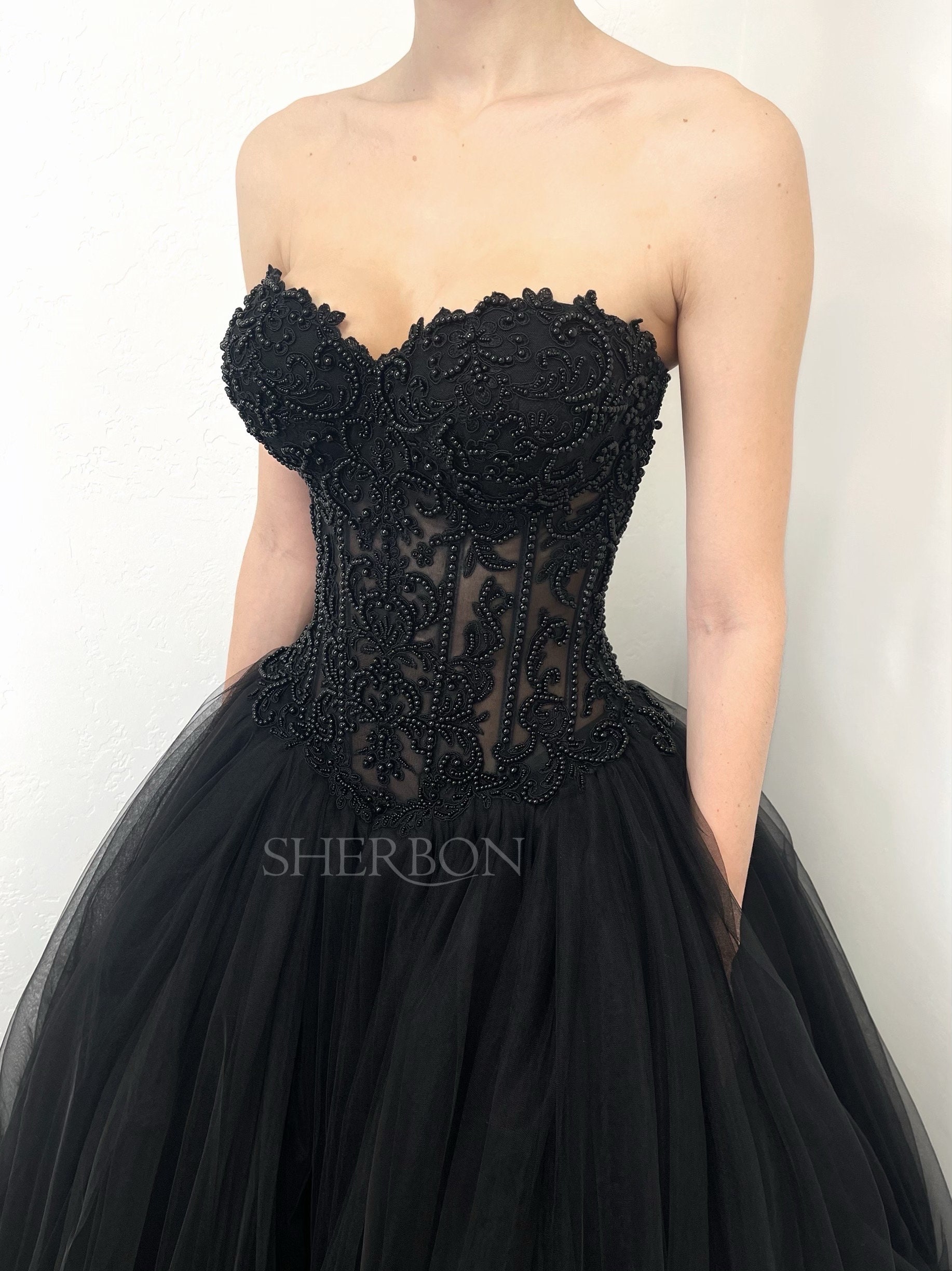 Black Beaded Sheer Drop Waist Corset Wedding Dress, Alternative Bride ...