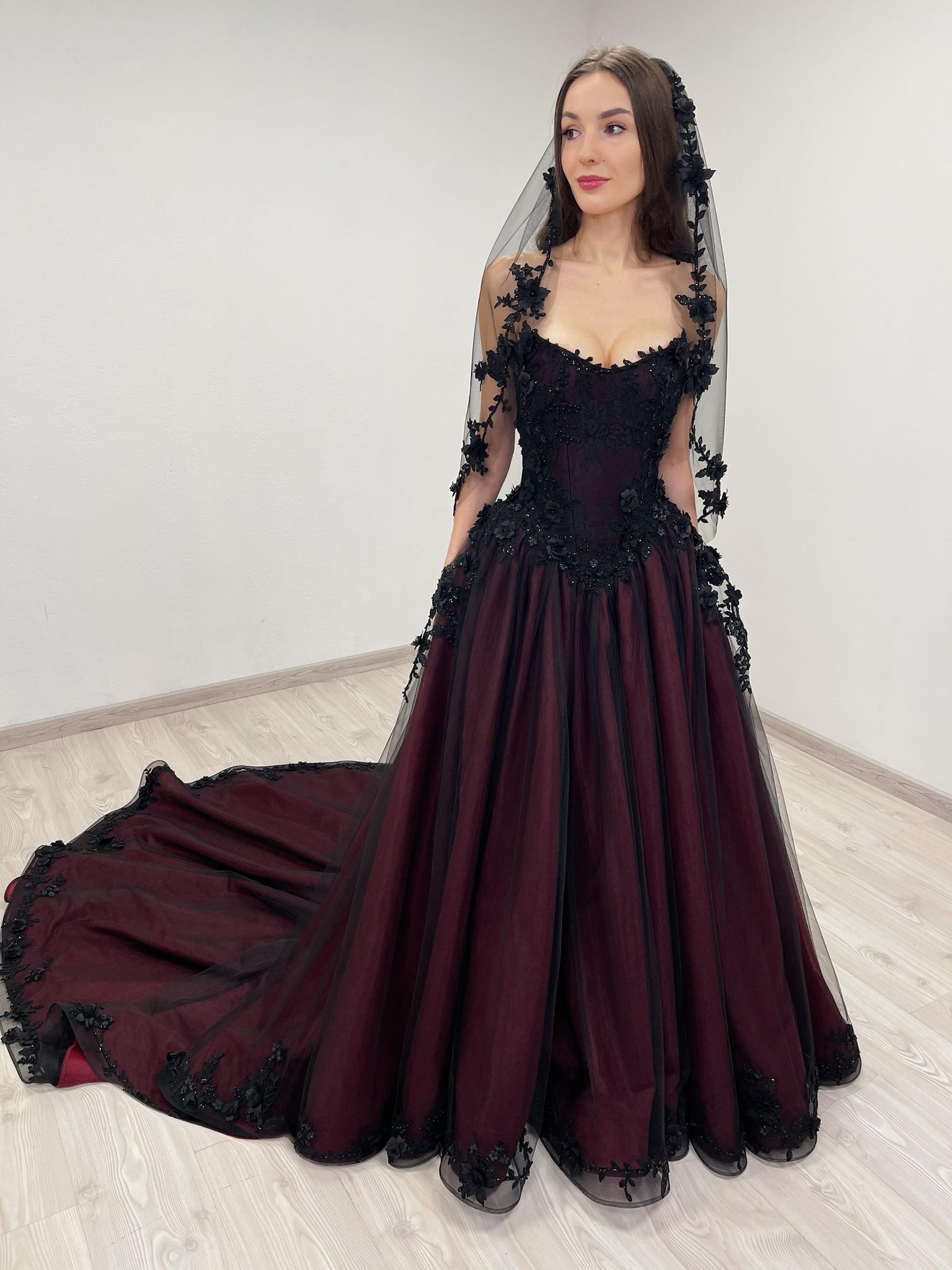 Black and Red Gothic 3D Floral Lace Corset Wedding Dress With Basque ...