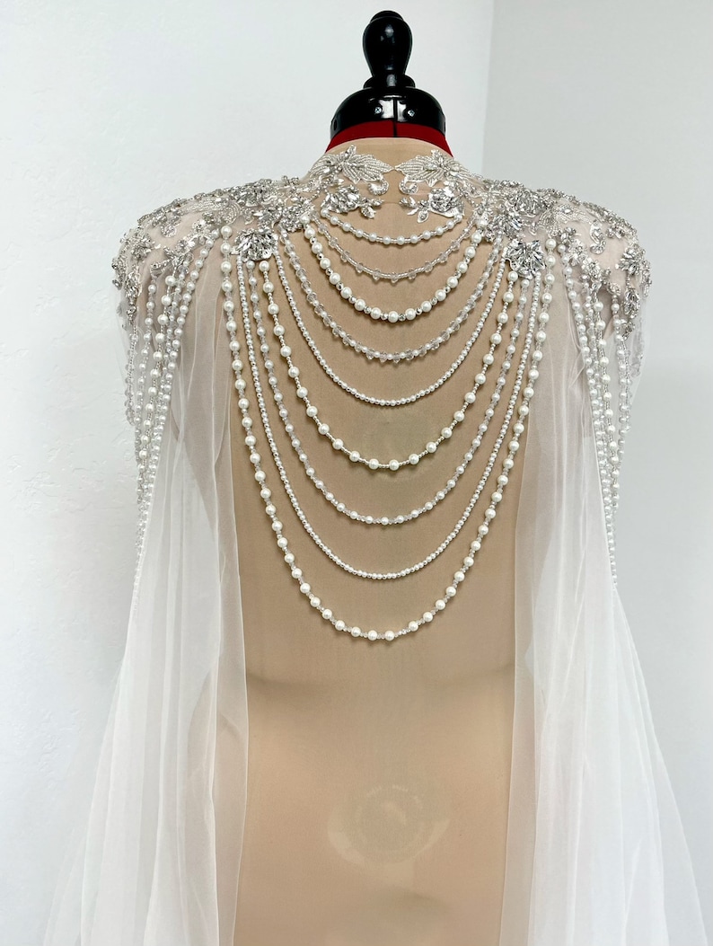 White Ivory Beaded Wedding Tulle Cape With Crystals Beaded - Etsy