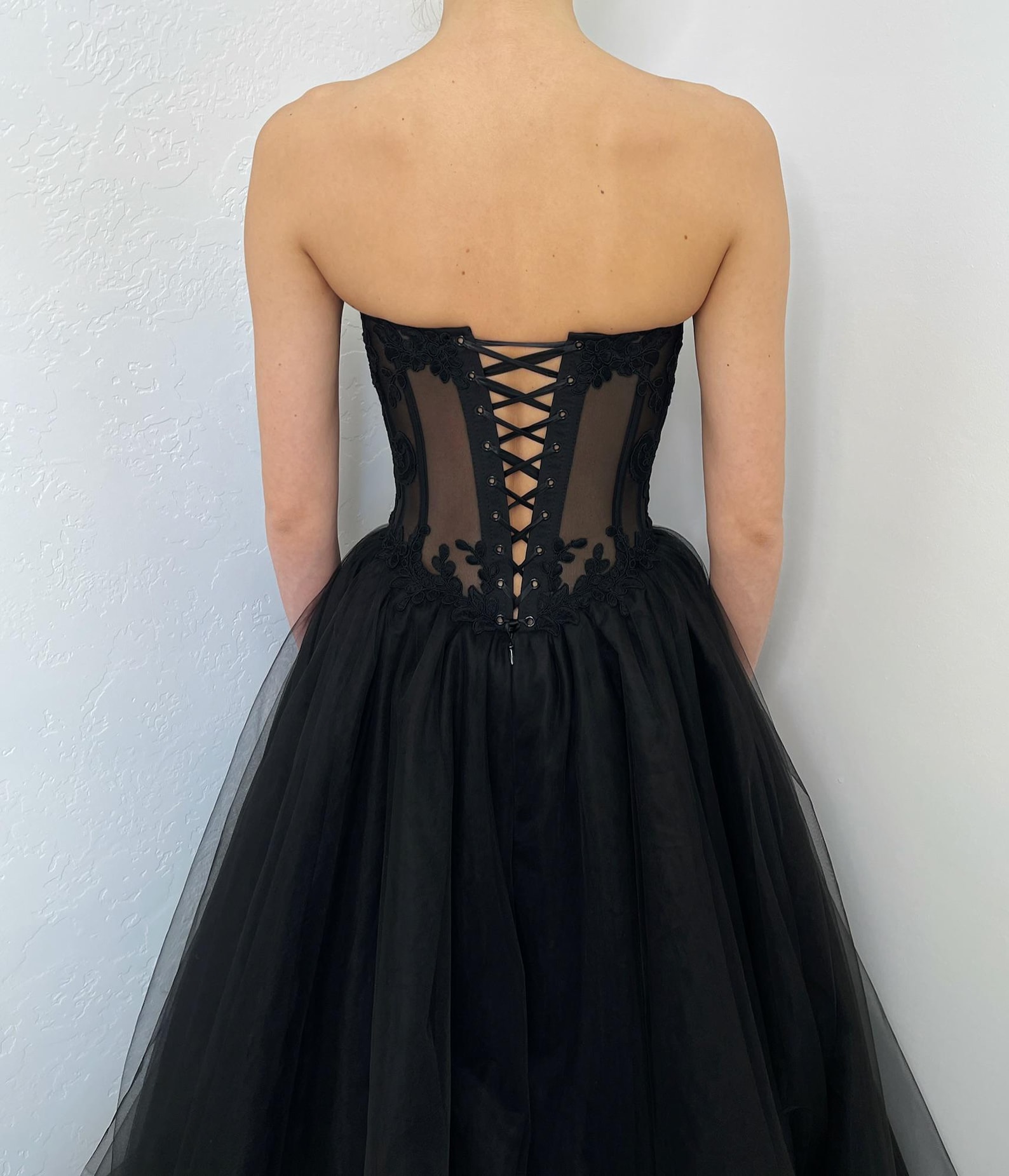 Black Gothic Sheer Basque Waist Corset Tulle Wedding Dress ...