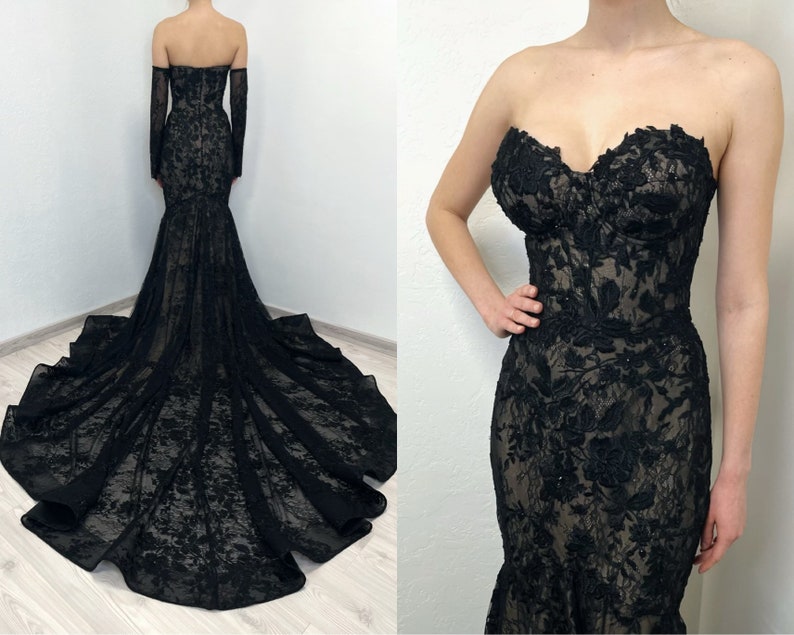 Black and Beige Gothic Mermaid Floral Lace Corset Wedding - Etsy