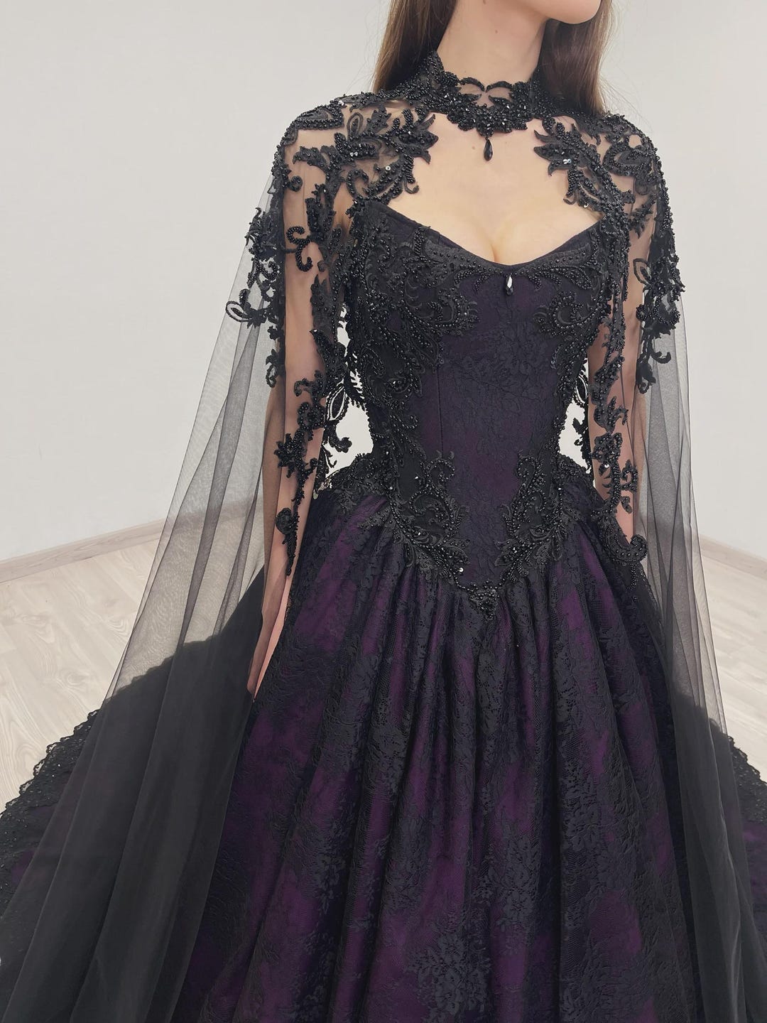Black Beaded Lace Tulle High Neck Cape With Crystals - Etsy