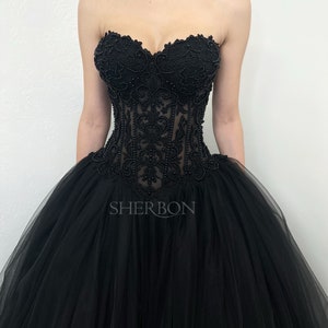 Black Beaded Sheer Drop Waist Corset Wedding Dress, Alternative Bride ...
