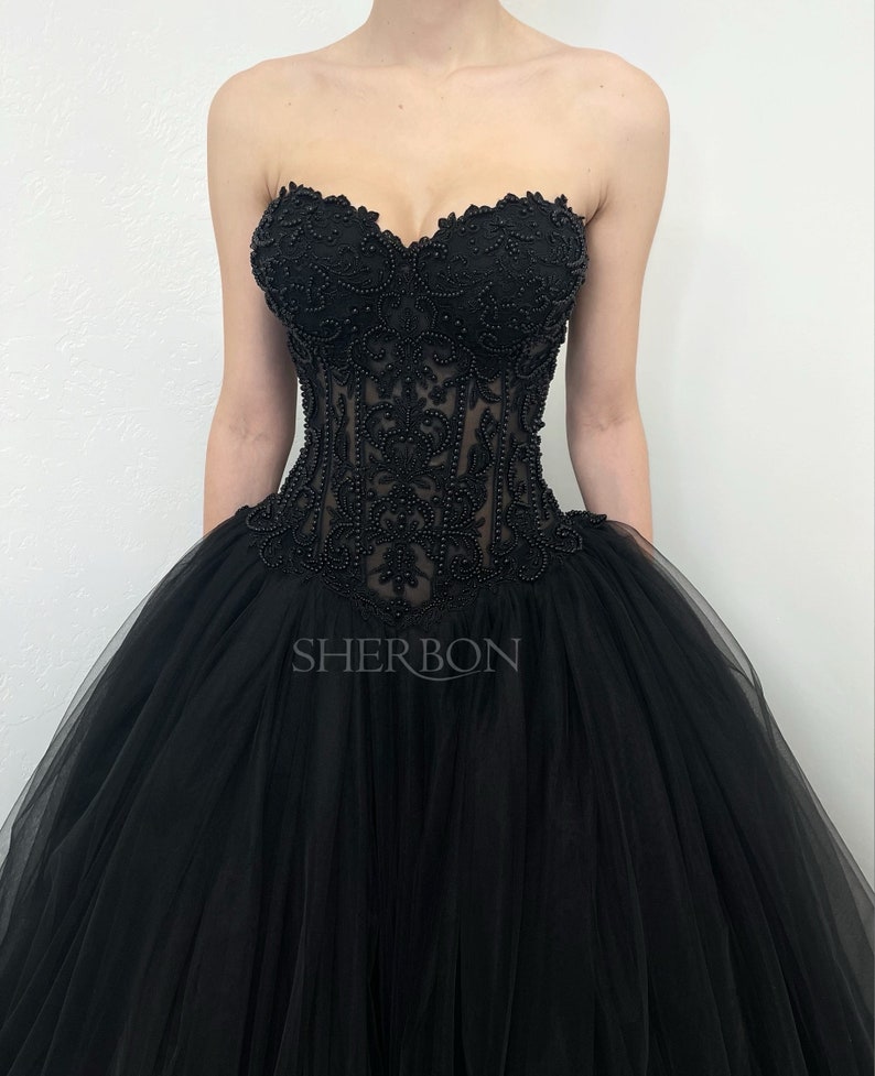 Black Beaded Sheer Drop Waist Corset Wedding Dress, Alternative Bride ...
