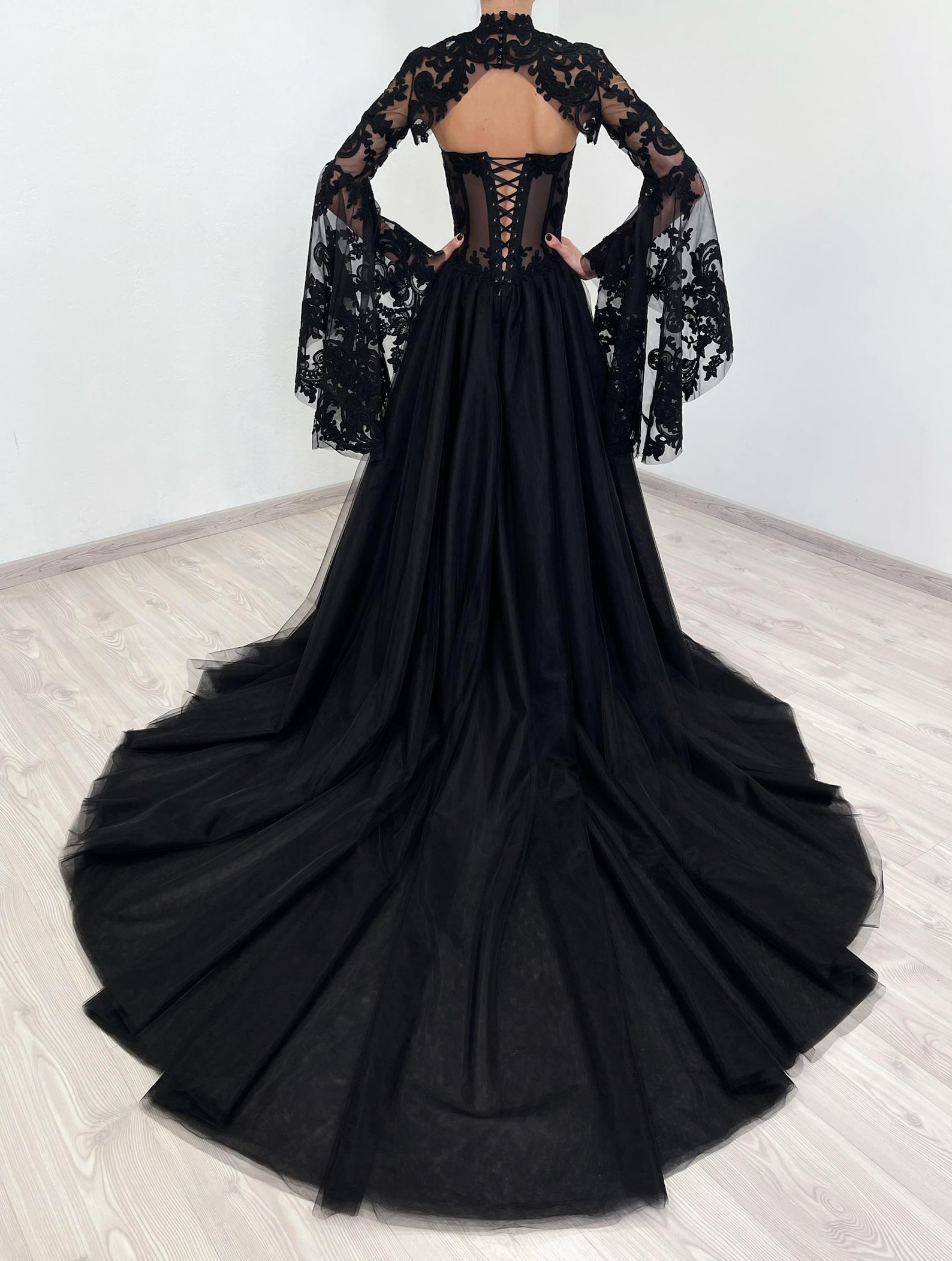 Black Gothic Sheer Basque Waist Corset Tulle Wedding Dress With Keyhole ...