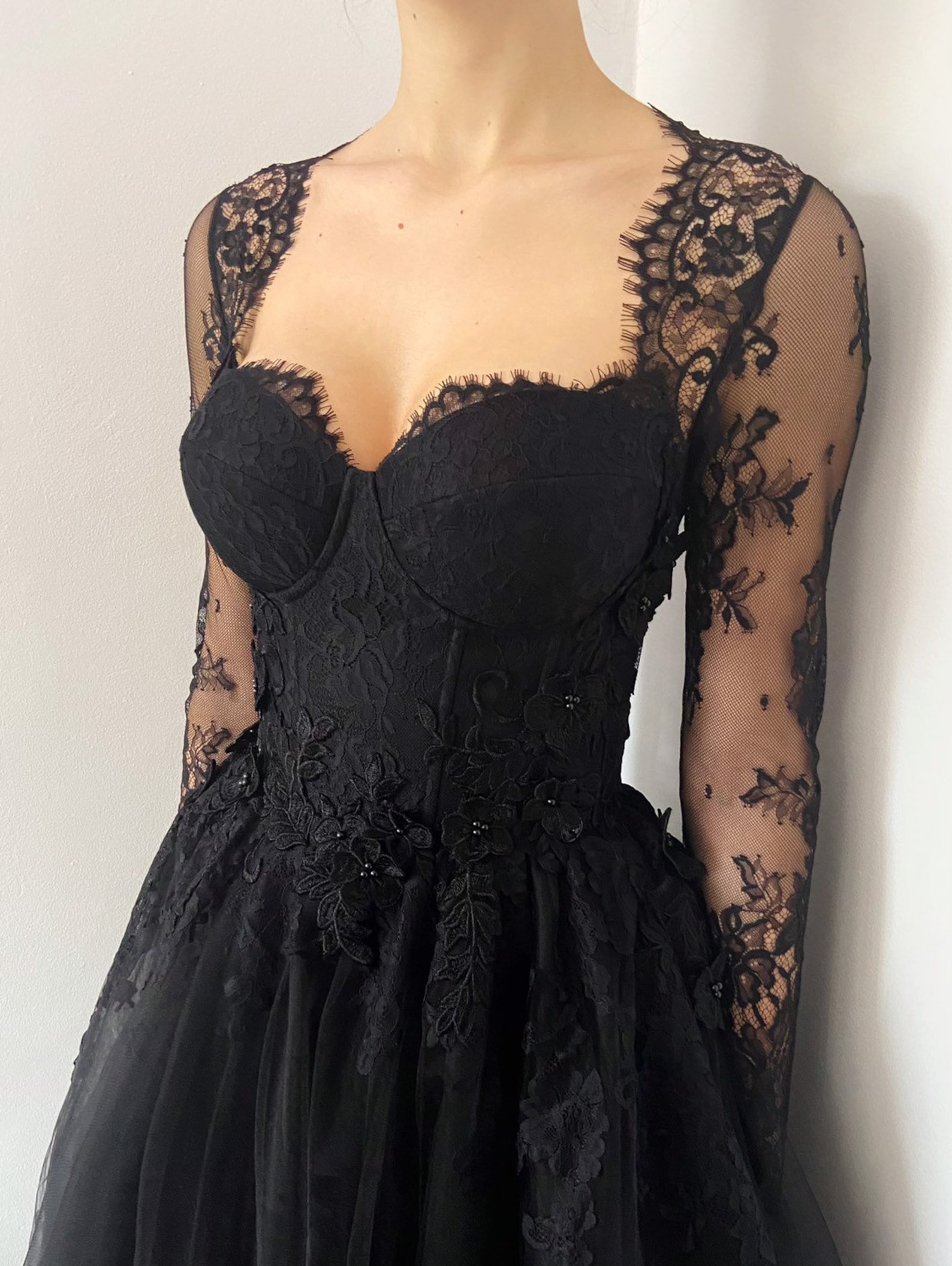 Black Gothic Corset Wedding 3D Lace Floral Tulle Dress, Alternative ...