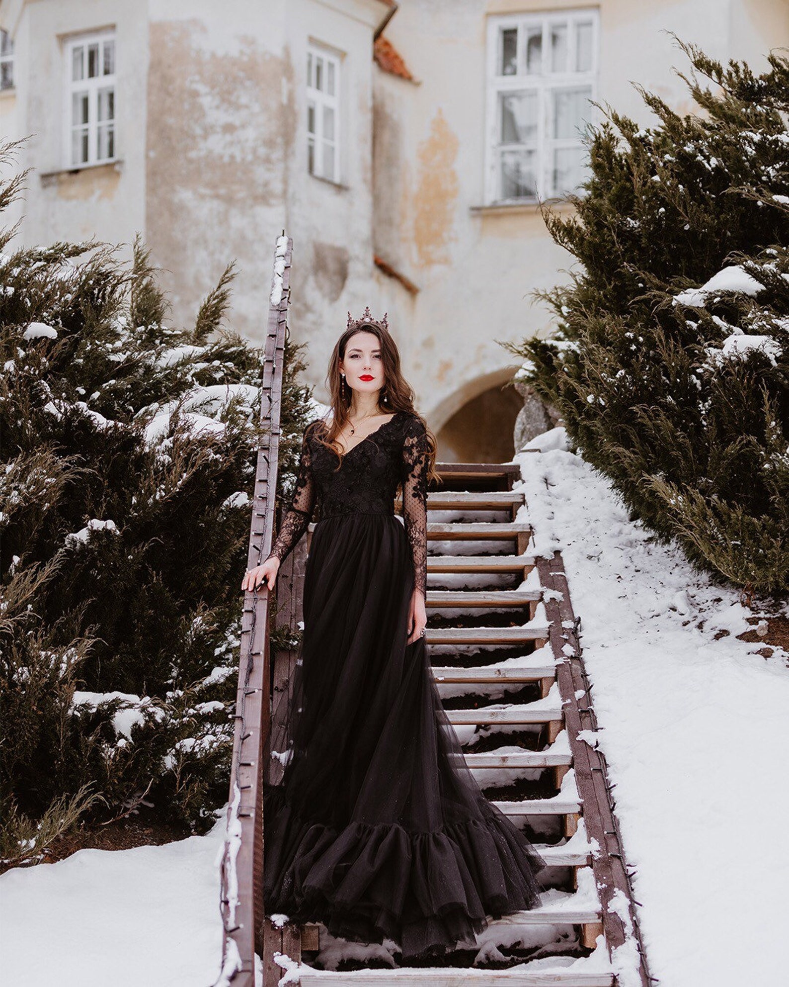 Black Gothic Open Back 3d Floral Lace Tulle Train Wedding | Etsy