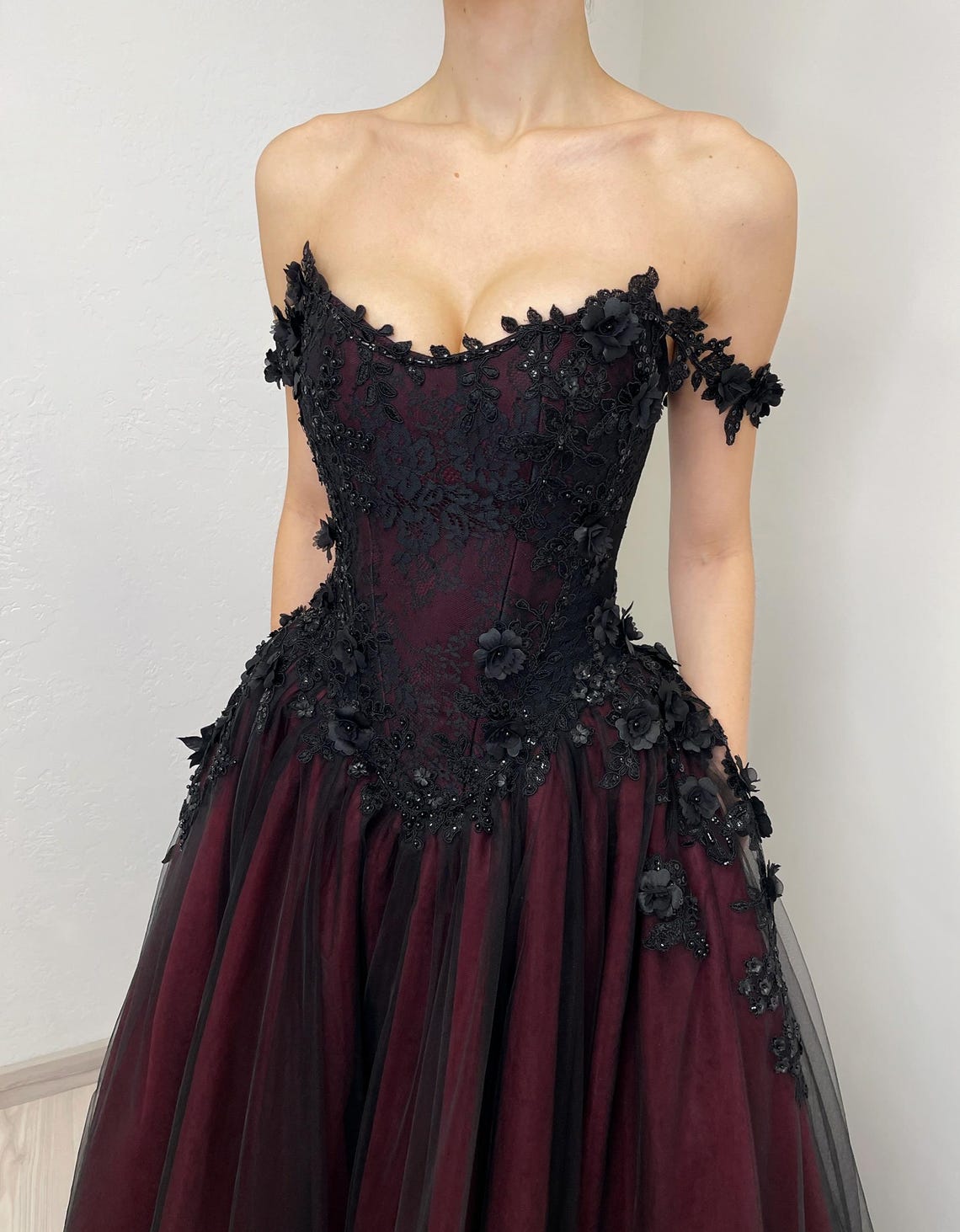 Black and Red Gothic 3D Floral Lace Corset Wedding Dress With Basque ...