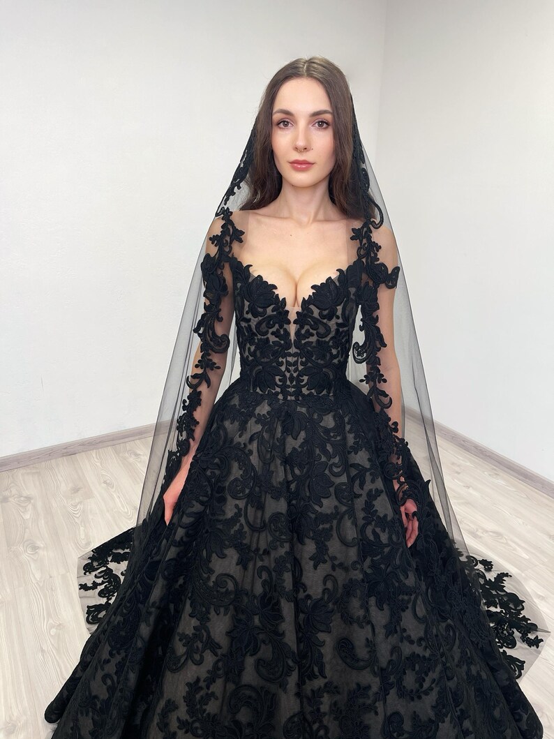 Black Gothic Sheer Basque Waist Corset Tulle Wedding Dress ...