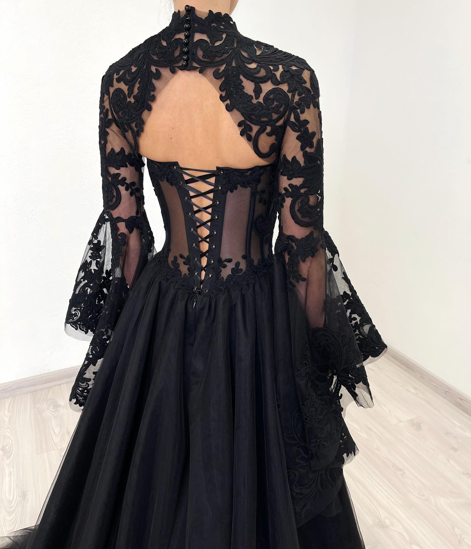Black Gothic Sheer Basque Waist Corset Tulle Wedding Dress With Keyhole ...