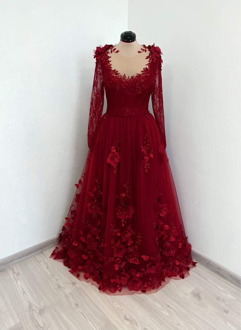 Red Gothic 3D Floral Lace Gown With a Train Alternative - Etsy