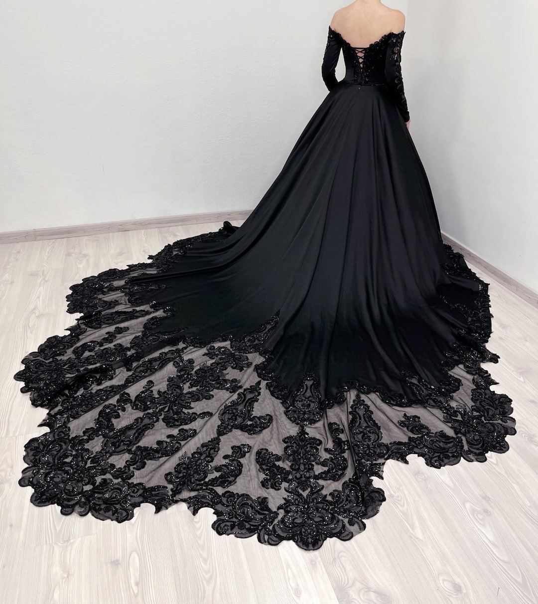 Black Gothic Satin Beaded Lace Corset Gown With Scalloped Lace, off the ...