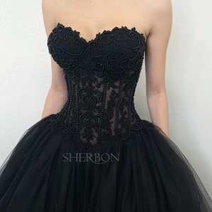 Black Beaded Sheer Drop Waist Corset Wedding Dress, Alternative Bride ...