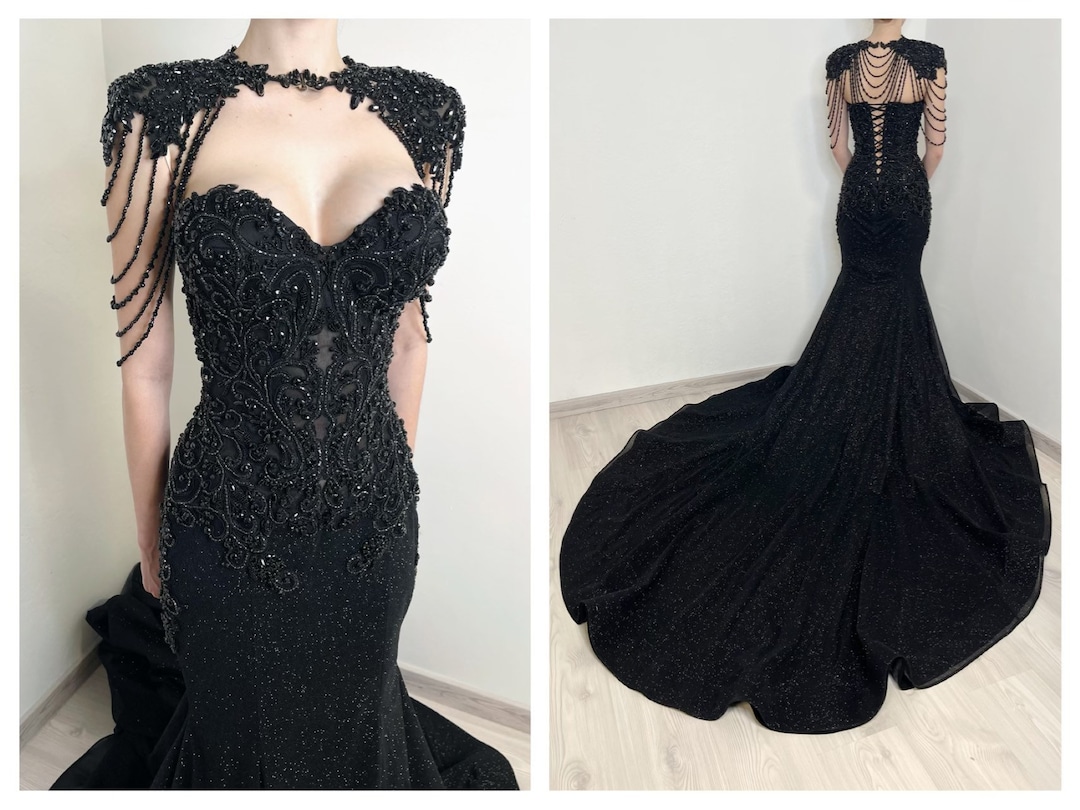Black Gothic Crystal Sparkly Corset Mermaid Wedding Dress With a Long ...