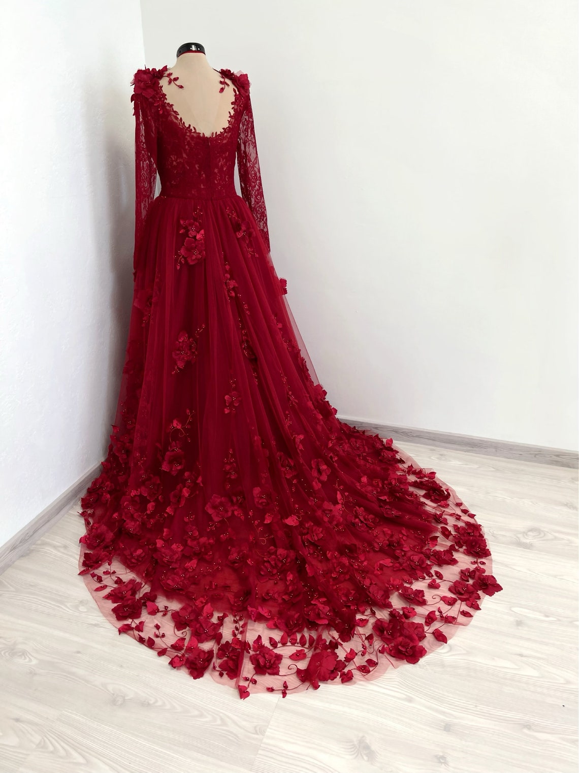 Red Gothic 3D Floral Lace Gown With a Train Alternative - Etsy